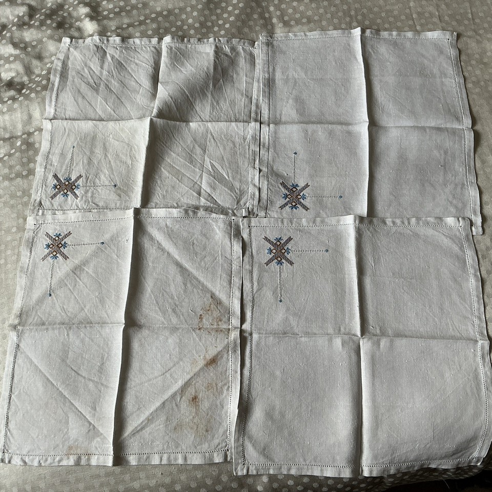 VINTAGE SET 4 LINEN HAND EMBROIDERED AFTERNOON TEA NAPKINS | eBay UK
