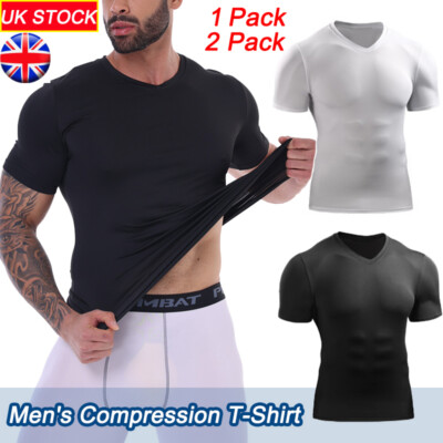 Sports Mens V-neck Compression T-Shirt Short Sleeve Athletic Tops Quick ...