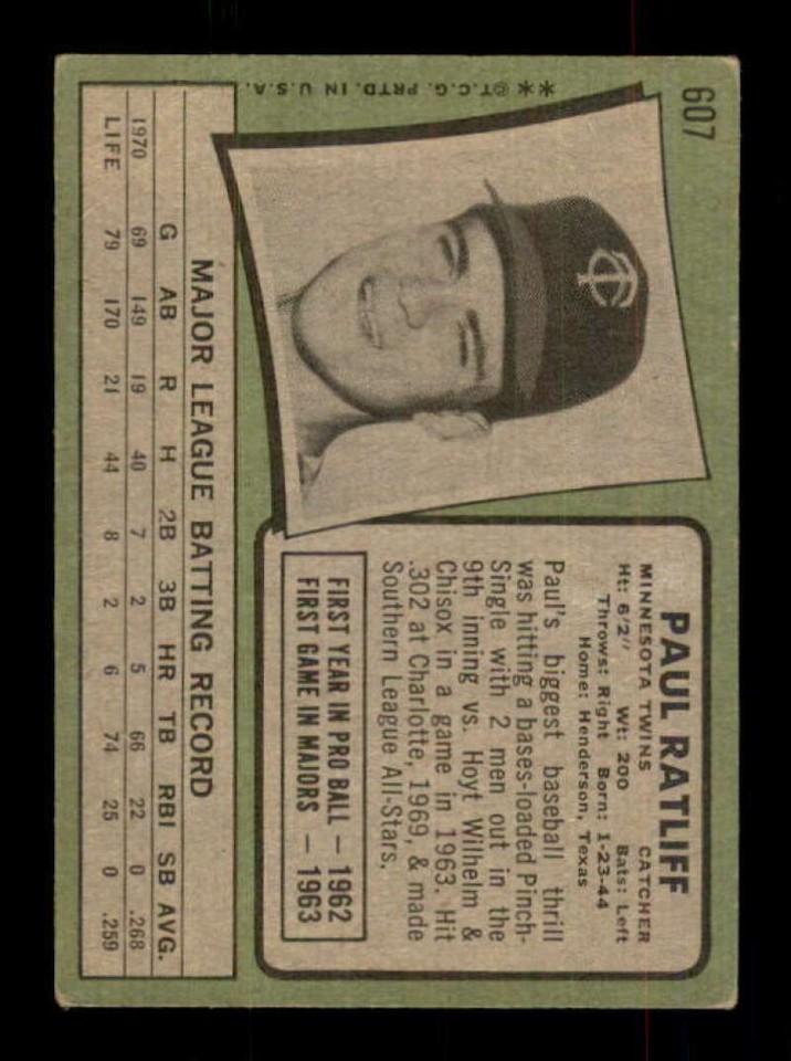 1971 Topps #607 Paul Ratliff GVG Twins 531370 | eBay