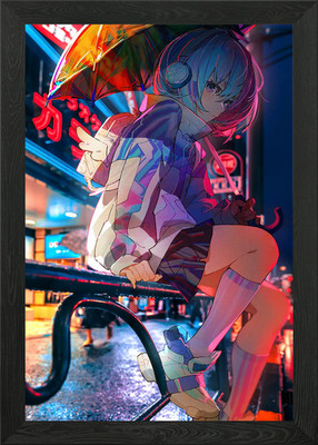 Anime Girl in Rainy Cityscape Framed Wall Art Poster Canvas Print ...
