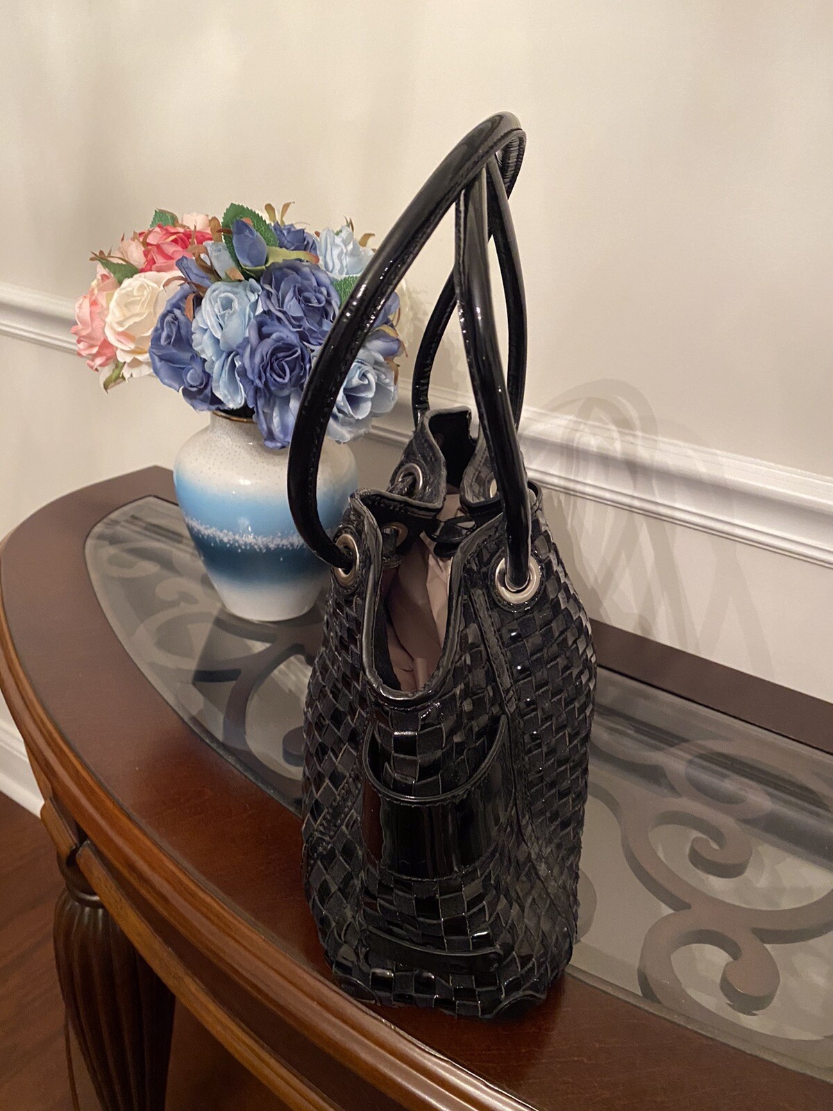 Cole Haan Genevieve Woven Patent Leather Suede Weave Tote Shoulder ...