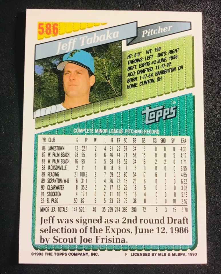 Florida Marlins JEFF TABAKA auto signed autographed 1993 TOPPS ROOKIE ...