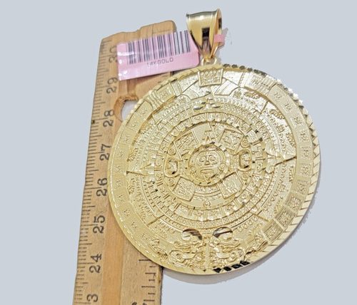 SOLID Real 14kt Yellow Gold Pendant Aztec Mayan Calendar 3.2" Men's ...