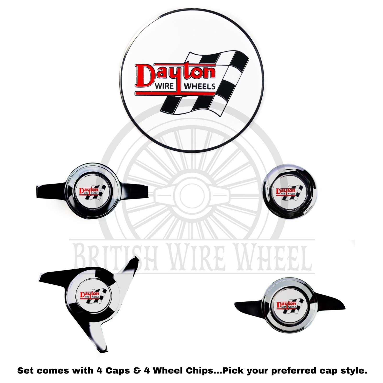 Dayton Chrome & White Metal Wheel Chip Emblems with Spinner Caps, Set ...