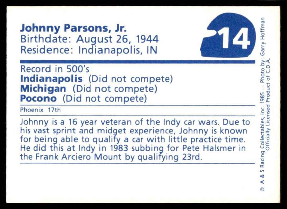 1985-86 CDA PPG Indy Car Johnny Parsons Jr. #14 | eBay