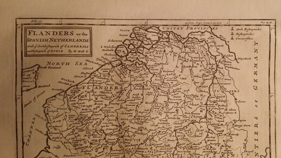 1737 ORIGINAL ANTIQUE COPPERPLATE MAP FLANDERS SPANISH NETHERLANDS ...