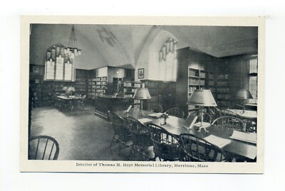 Town of Merrimac MA postcard, Library Interior, book shelves, reading ...