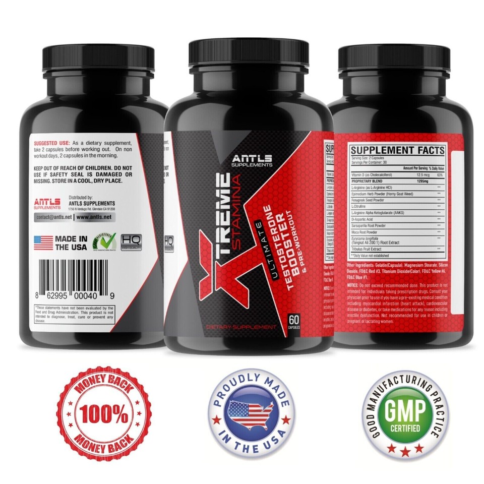 Testosterone Booster Pre Workout Nitric Oxide L arginine Men's ANTLS ...