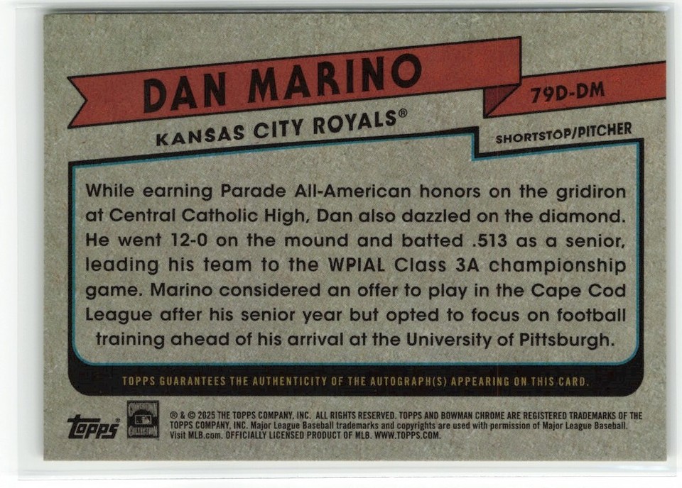 2025 Bowman Draft Dan Marino #79D-DM Dream Draft Gold Auto /50 Royals ...