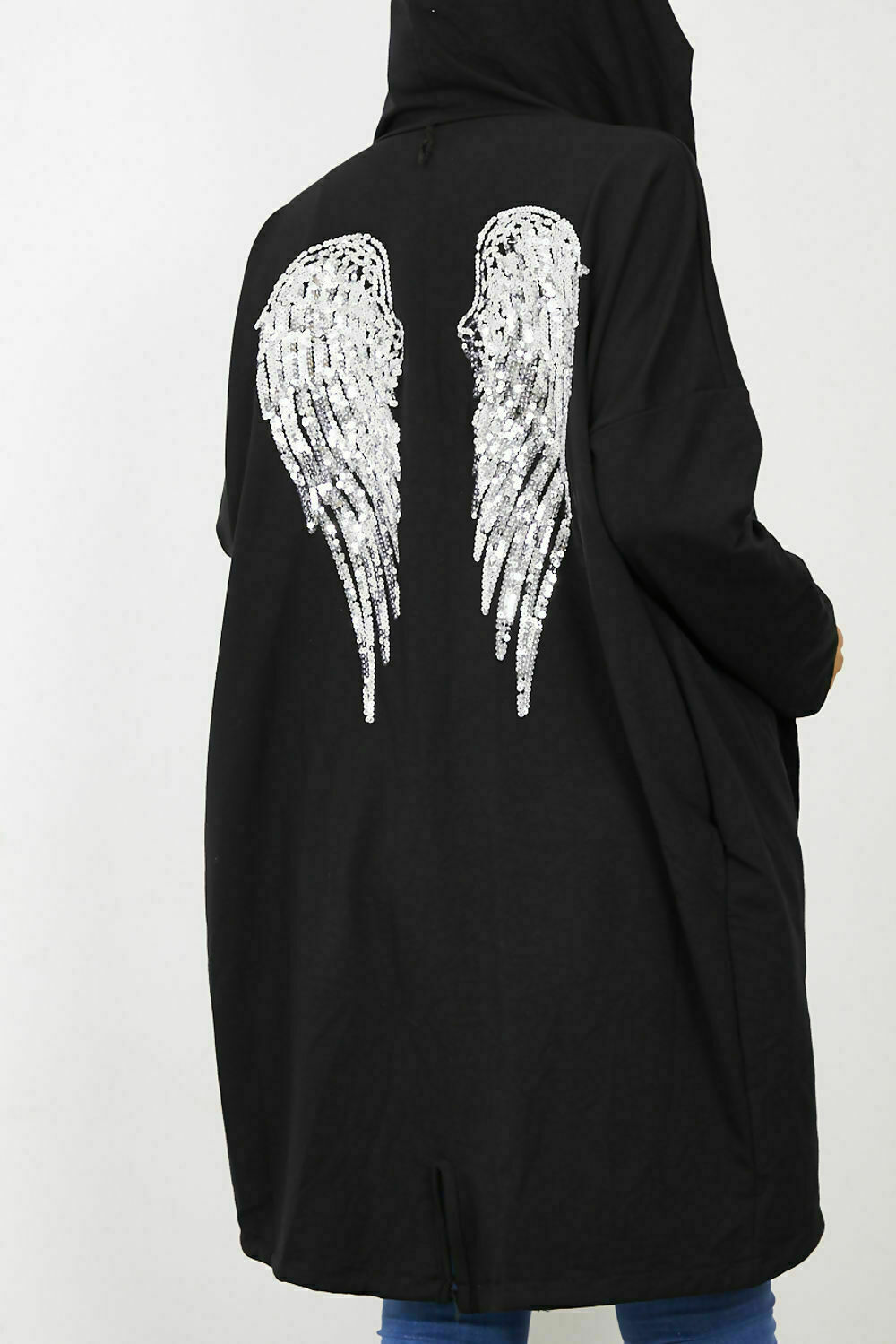 Ladies Sequin Angel Wings Back Over-sized Hoodie Womens Jacket Coat ...
