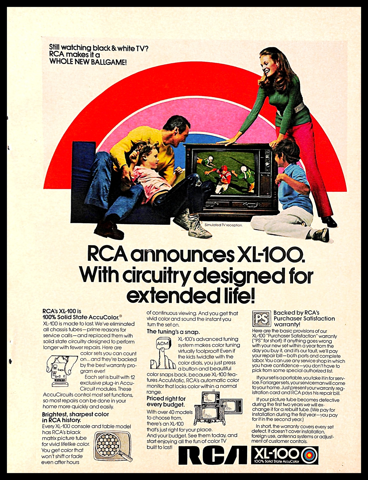 1971 RCA XL-100 Color TV Vintage PRINT AD Game Football Family Appliace ...