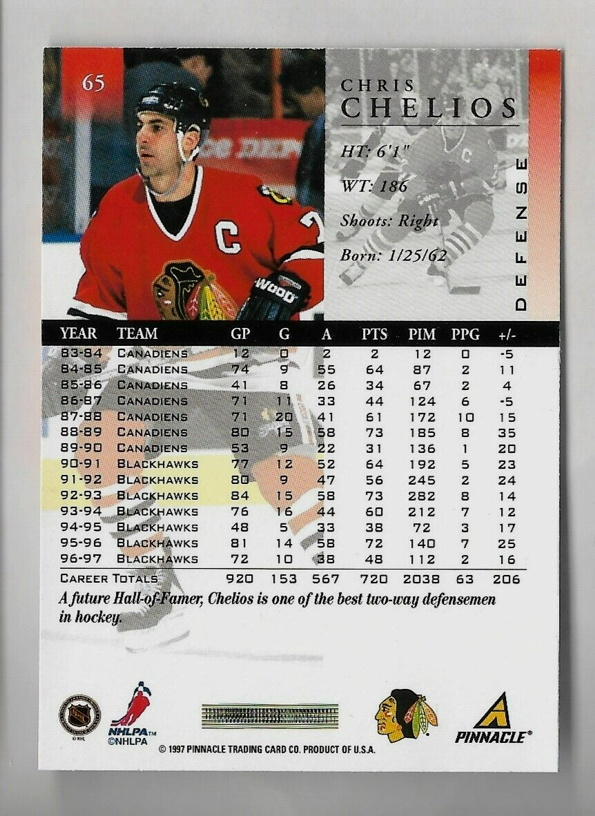 CHRIS CHELIOS 1997 PINNACLE CARD #65 BLACKHAWKS LEGEND HOF | eBay