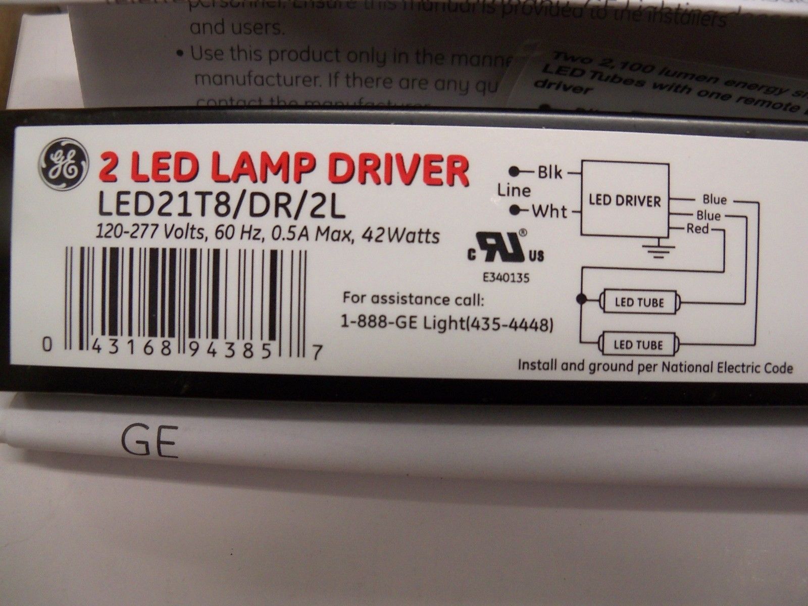 GE 2 LED LAMP Driver LED9T8/DR/UN/2L 93100 - 2' 2-lamp 120-277V 18W NEW ...