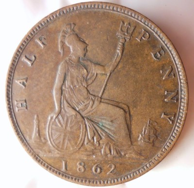 1862 GREAT BRITAIN 1/2 PENNY - Great Details - Rare Type - FREE ...