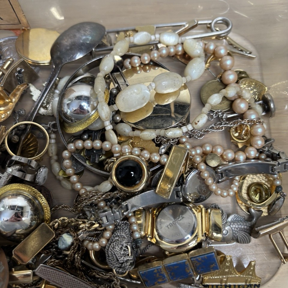 Vintage Junk Drawer Lot - Pins Costume Jewelry Tokens Brooch Key Watch ...