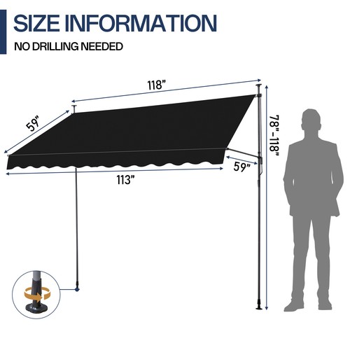 Retractable Black Awning 118 Inch Width Adjustable Height 78 to 118 ...