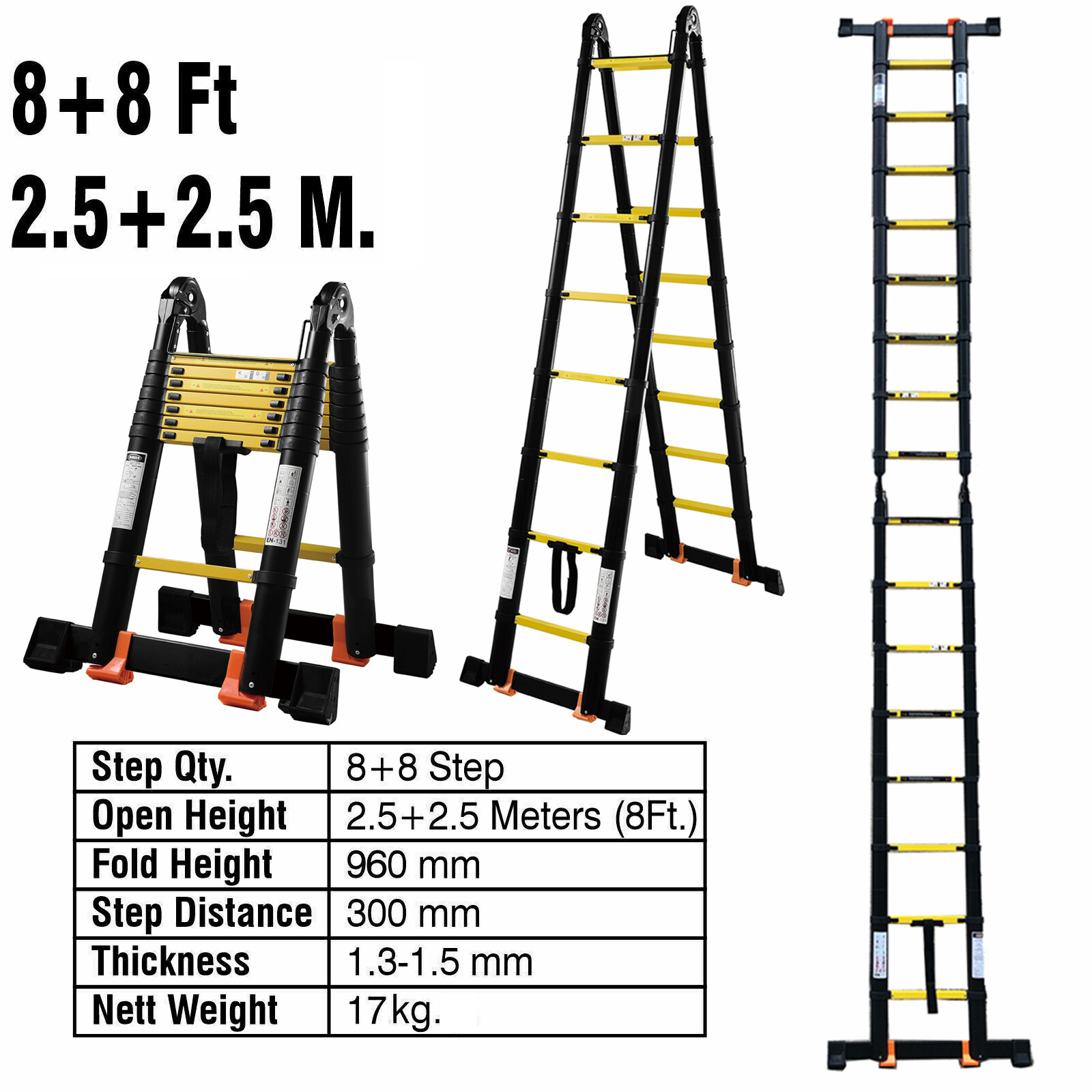 2.6M/3.2M/3.8M/5M Multi-Purpose Aluminium Telescopic Step Ladder ...