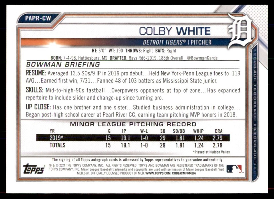 Colby White 2021 Bowman Prospect Autographs Rookie 1st Card RC Auto # ...