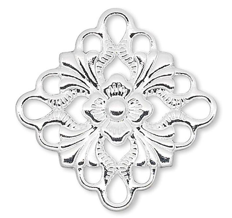 Link, Silver Plated Brass 20x20mm Fancy Filigree Diamond Square ...