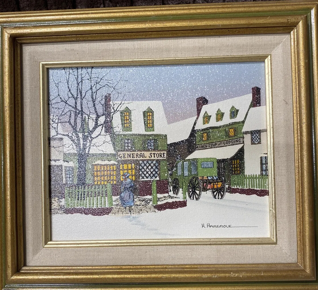 H. Hargrove Winter Town Scene Painting w/General Store Coach Inn Signed ...
