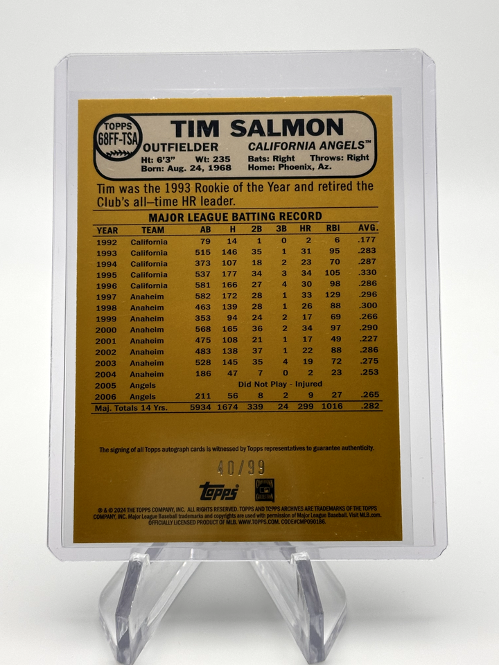 TIM SALMON 2024 TOPPS ARCHIVES 1968 FAN FAVORITES GREEN FOIL AUTOGRAPH ...