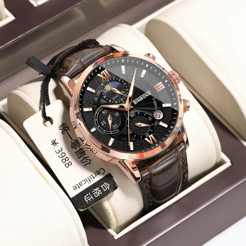 BINBOND Men's Luxury Quartz Multifunctional Chronograph Waterproof Leather Watch | eBay