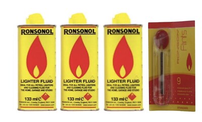 Genuine Ronsonol Premium Lighter Fluid Refill Ronson Flints 9 pack UK ...