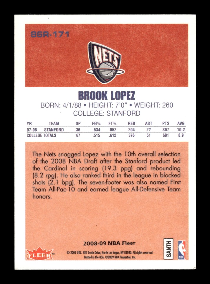 2008-09 Fleer #86R-171 Brook Lopez 1986-87 Rookies Nets Rookie Card RC ...