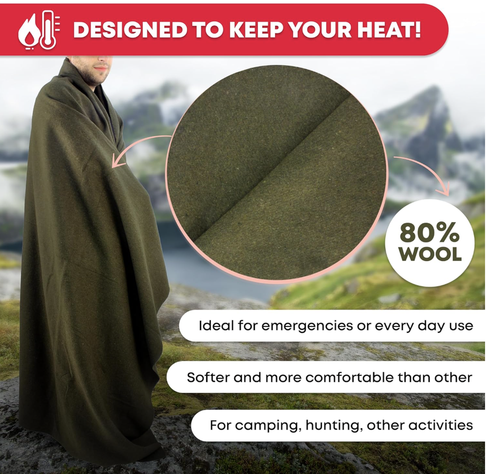US Military Wool Blanket (80% Wool) Thick Washable 66" x 90" Heavy Wool ...