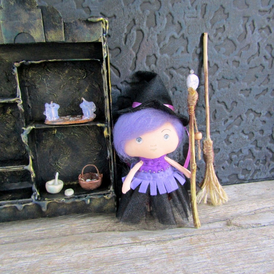 SET dollhouse miniature witch wizard doll accessories broom, utensils ...