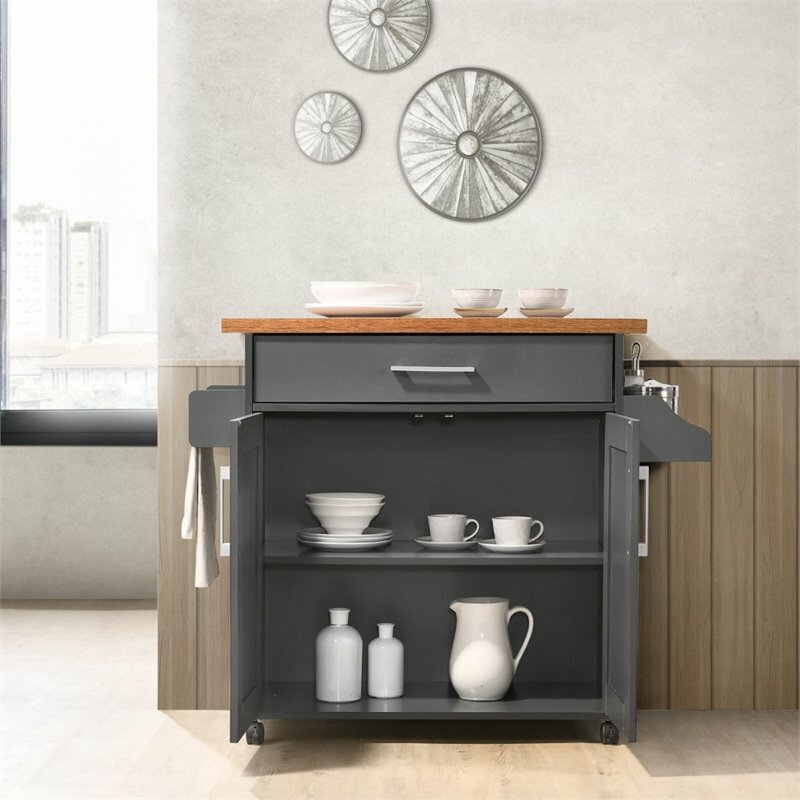 Hodedah Kitchen Island with Spice Rack plus Towel Holder in Gray-Oak ...