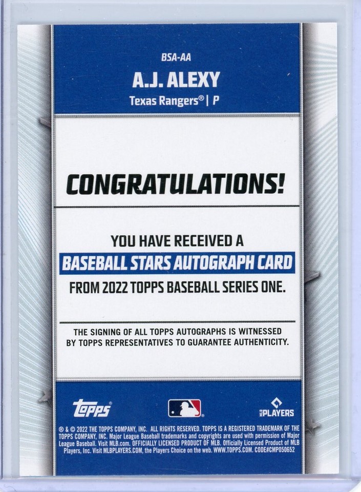2022 Topps #BSA-AA A.J. Alexy RC Baseball Stars Autograph | eBay