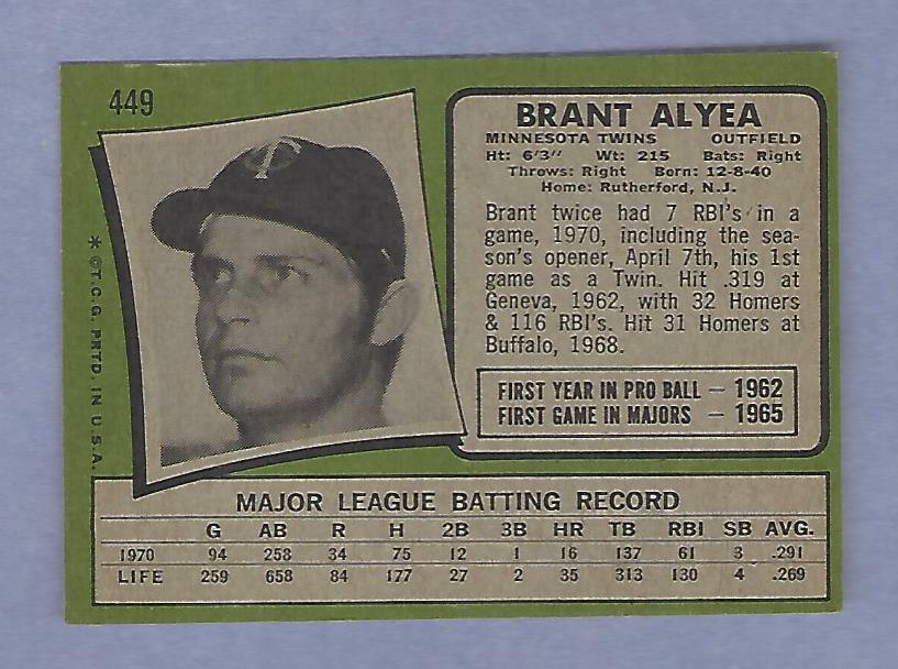 1971 Topps - #449 Brant Alyea - Minnesota Twins - ExMt | eBay