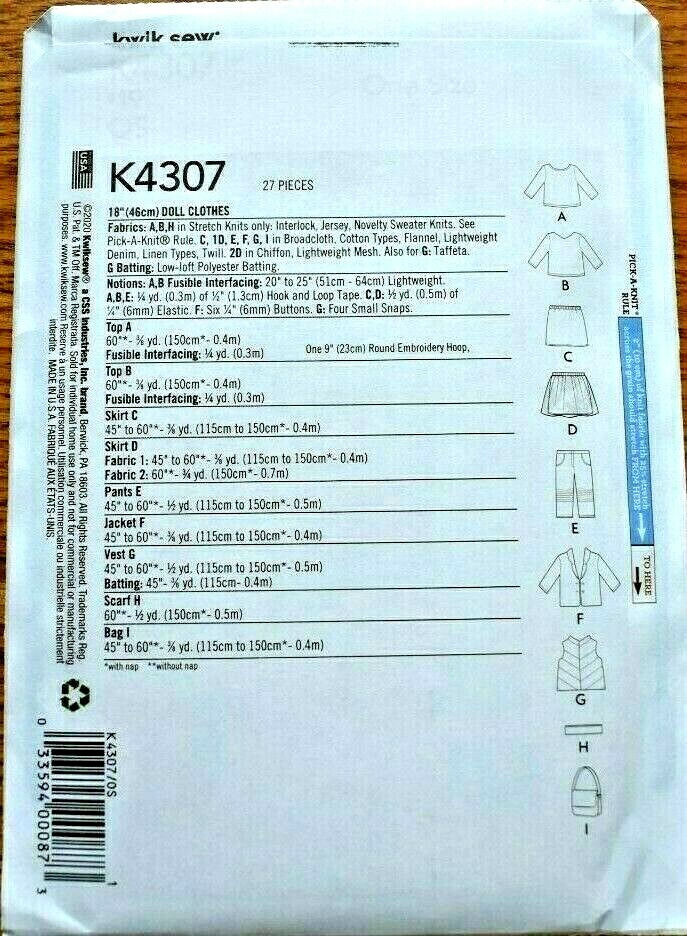 Kwik Sew K4307 18" Doll Clothes Sewing Pattern for sale online | eBay