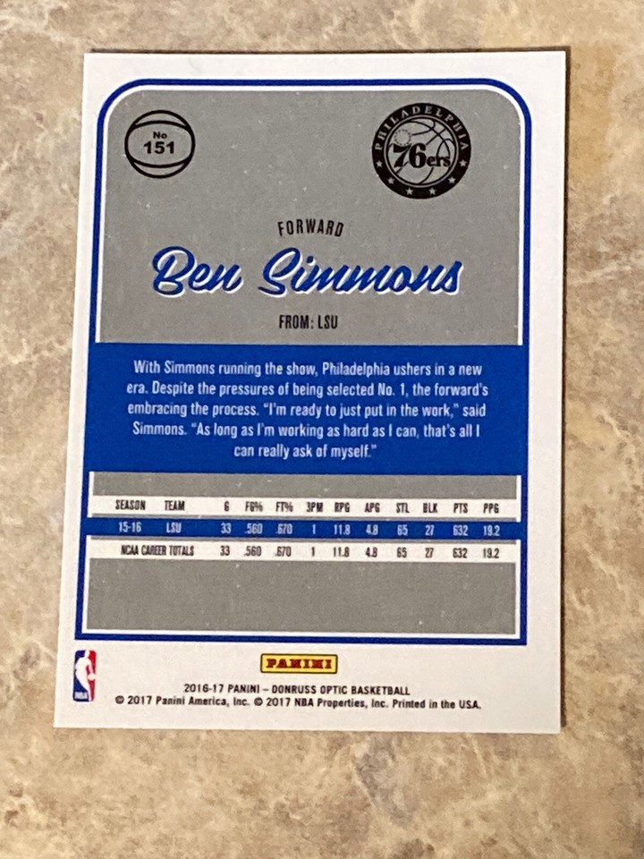 2016-17 Ben Simmons Donruss Optic Rookie Card RC 151 Brooklyn Nets | eBay