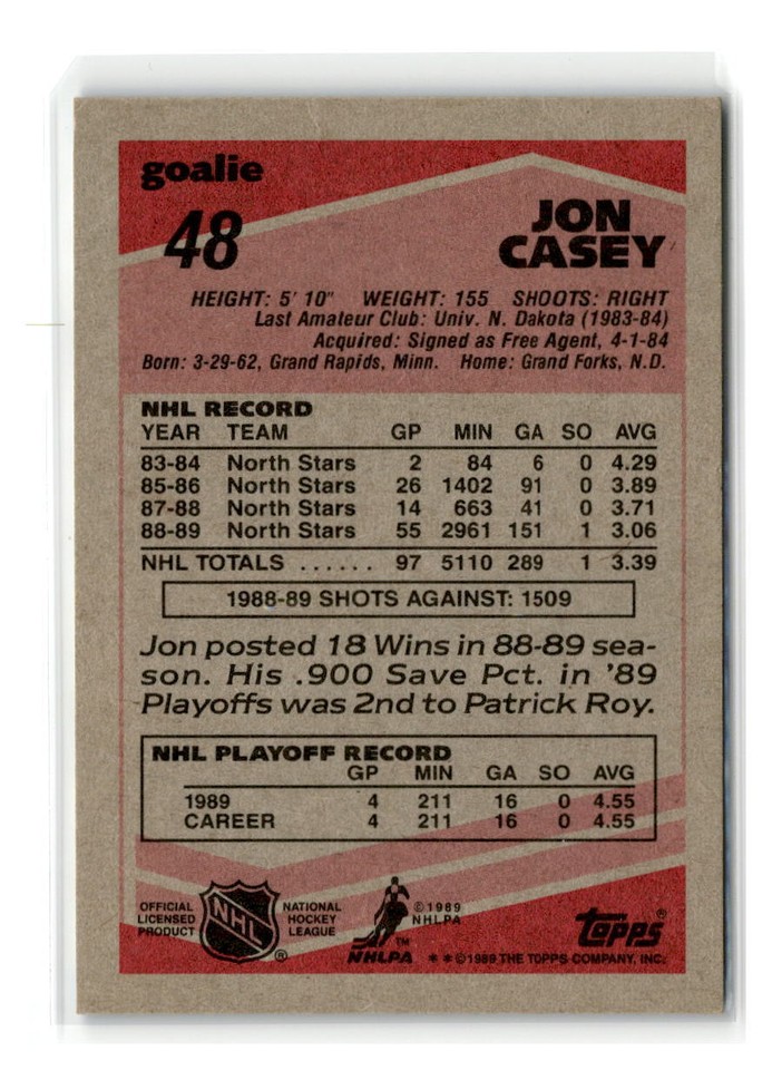 1989-Topps -#48-Jon Casey RC-Minnesota North Stars | eBay