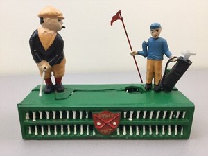 Vintage Cast Iron Mechanical Golf Coin Money Bank Caddy Birdie Putt ...
