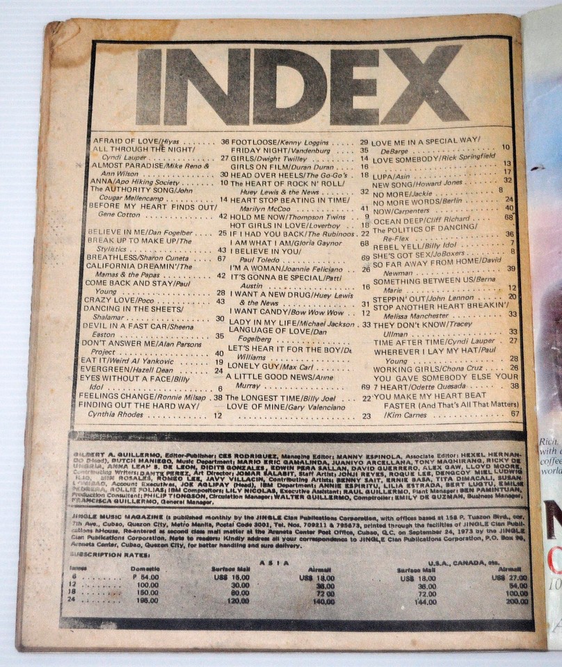 1984 Philippines JINGLE MUSIC MAGAZINE Billy Idol, Culture Club CHAPTER ...