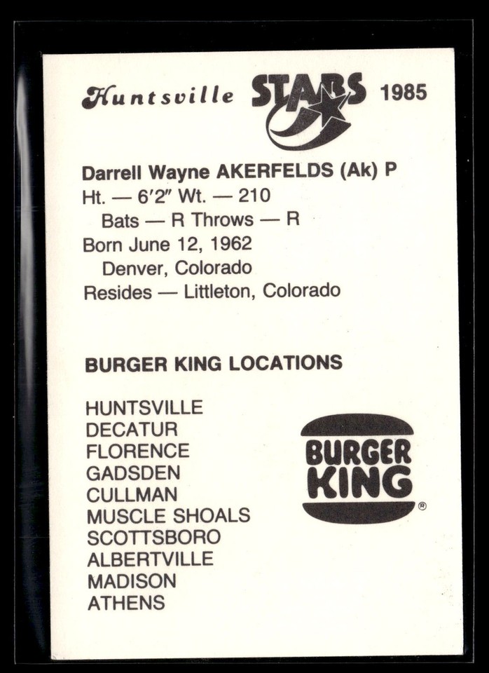 1985 Burger King Huntsville Stars #NNO Darrel Akerfelds NRMT or Better ...