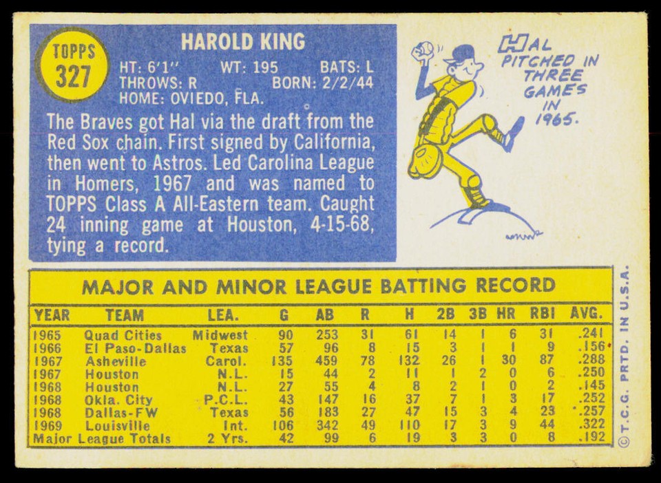 1970 Topps Hal King 327 RC Atlanta Braves | eBay
