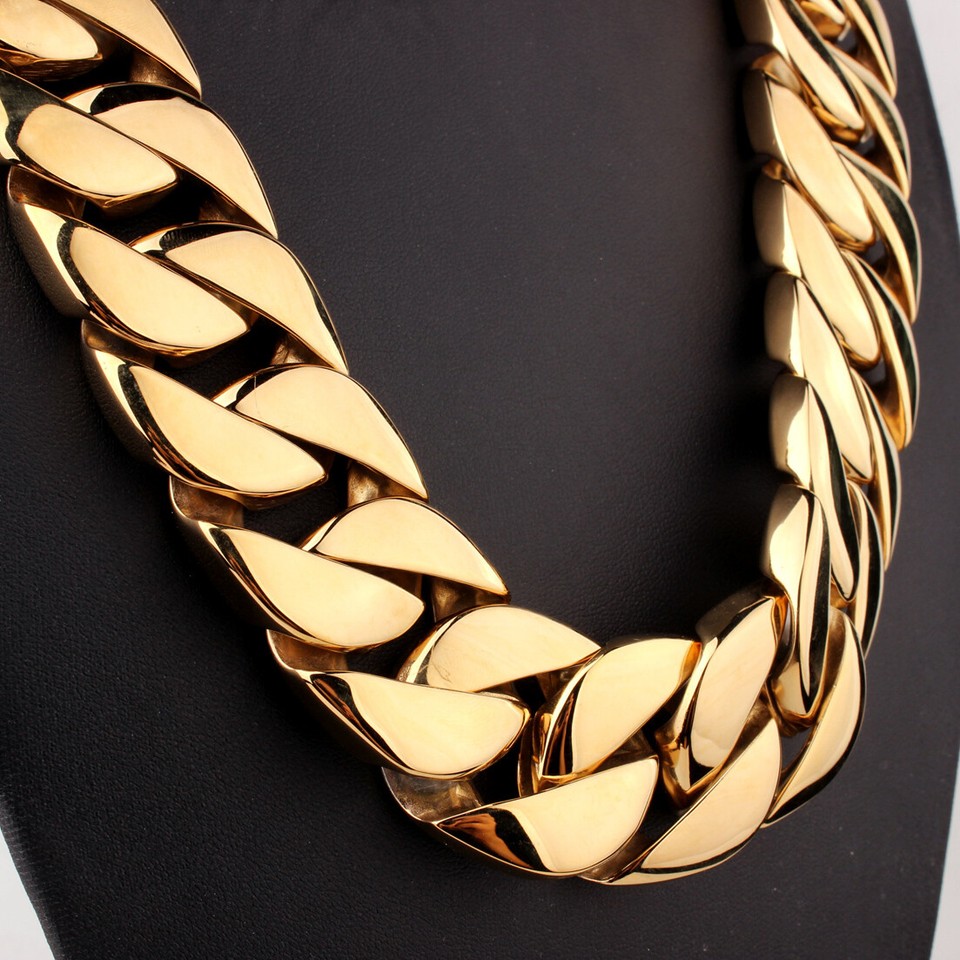 Heavy Stainless Steel 18K Gold Plated Curb Cuban Chain Necklace Men ...