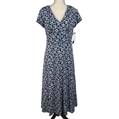 Perceptions NY SZ 8 A-Line Midi Dress Floral Cap Sleeve Empire Waist V ...