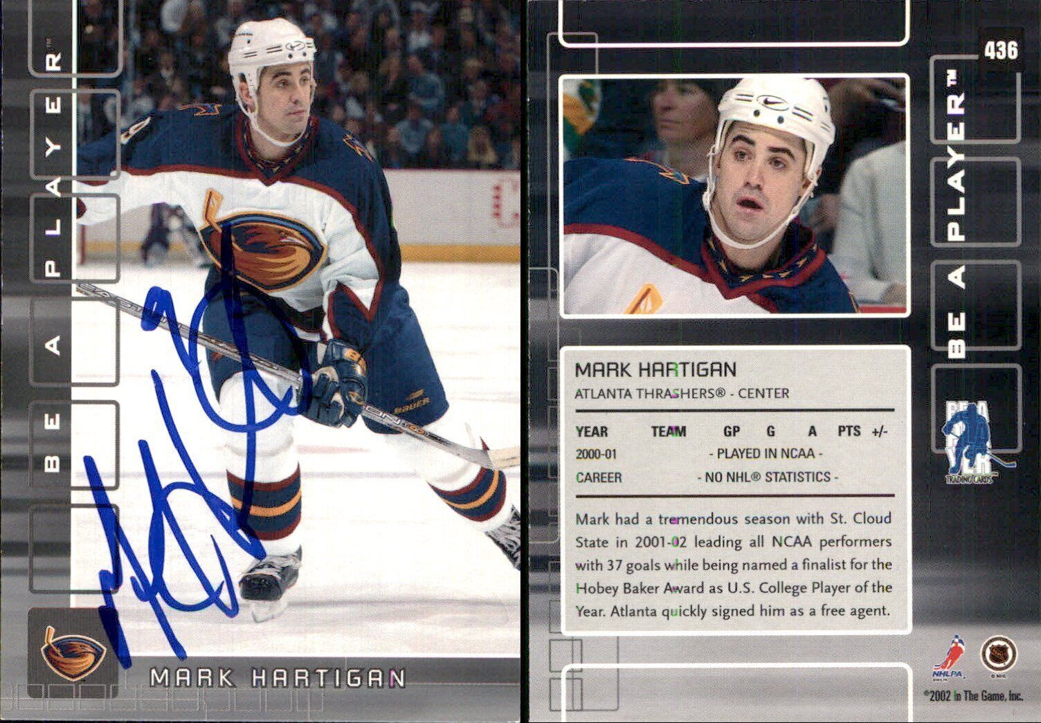 Mark Hartigan Signed 2001-02 Be a Player MEM #436 Card Atlanta ...