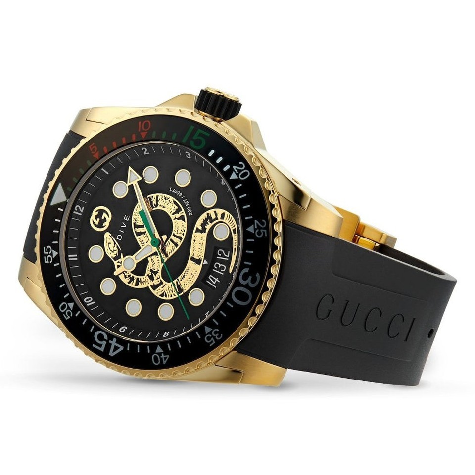 GUCCI Dive YA136219 45mm Gold King Snake Dial Men's Rubber Strap Watch ...