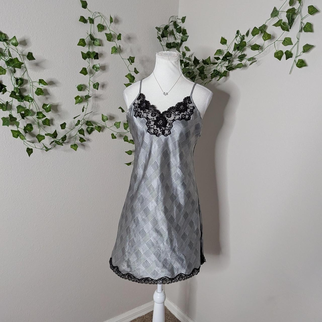 2000s lace plaid silver / metallic slip mini lingerie… - Gem