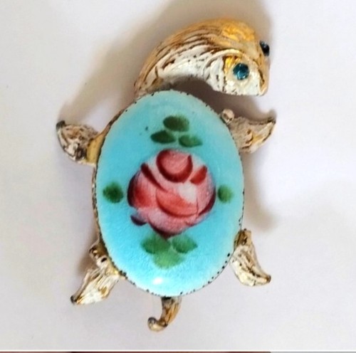 vintage 1950's Adorable Guilloche Enamel Rose Shell Turtle Tortoise ...