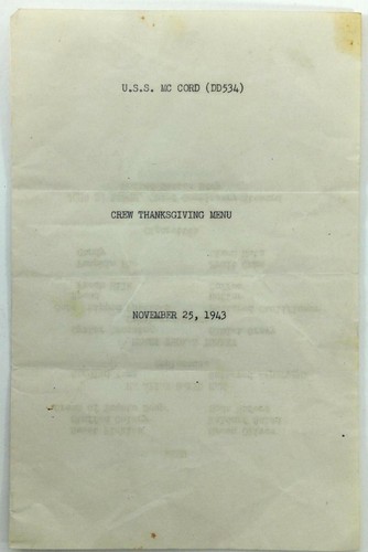 1943 Crew Thanksgiving Day Menu USS McCord DD-534 Navy Fletcher Class ...