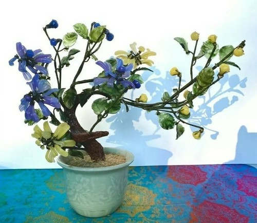 Gorgeous Vintage Handmade Jade Tree with Lovely Blue Flowers - Great ...