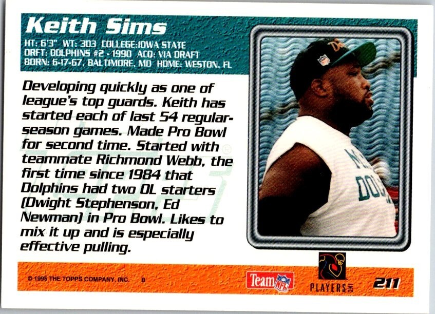 1995 Topps Football Keith Sims Miami Dolphins #211 | eBay
