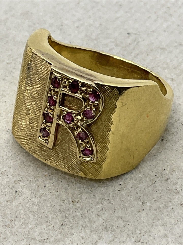 Solid 18K Yellow Gold Ruby Accents INITIAL LETTER “R” MEN’S SIGNET Ring ...